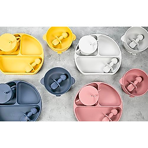 BabyBeesKnees Baby led weaning supplies-complete starter set-Silicone feeding set-suction bowl space saving suction plate self feeding spoons-easy to use solid food eating set 6+months (Dusty Rose)