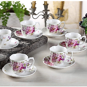 GuangYang 12 Pieces (Tiny Style) Espresso Cups and Saucers，2.5 ounce/80ml，Set of 6,Mini Premium Porcelain Coffee Cup Set, Fancy Flower Pattern Design