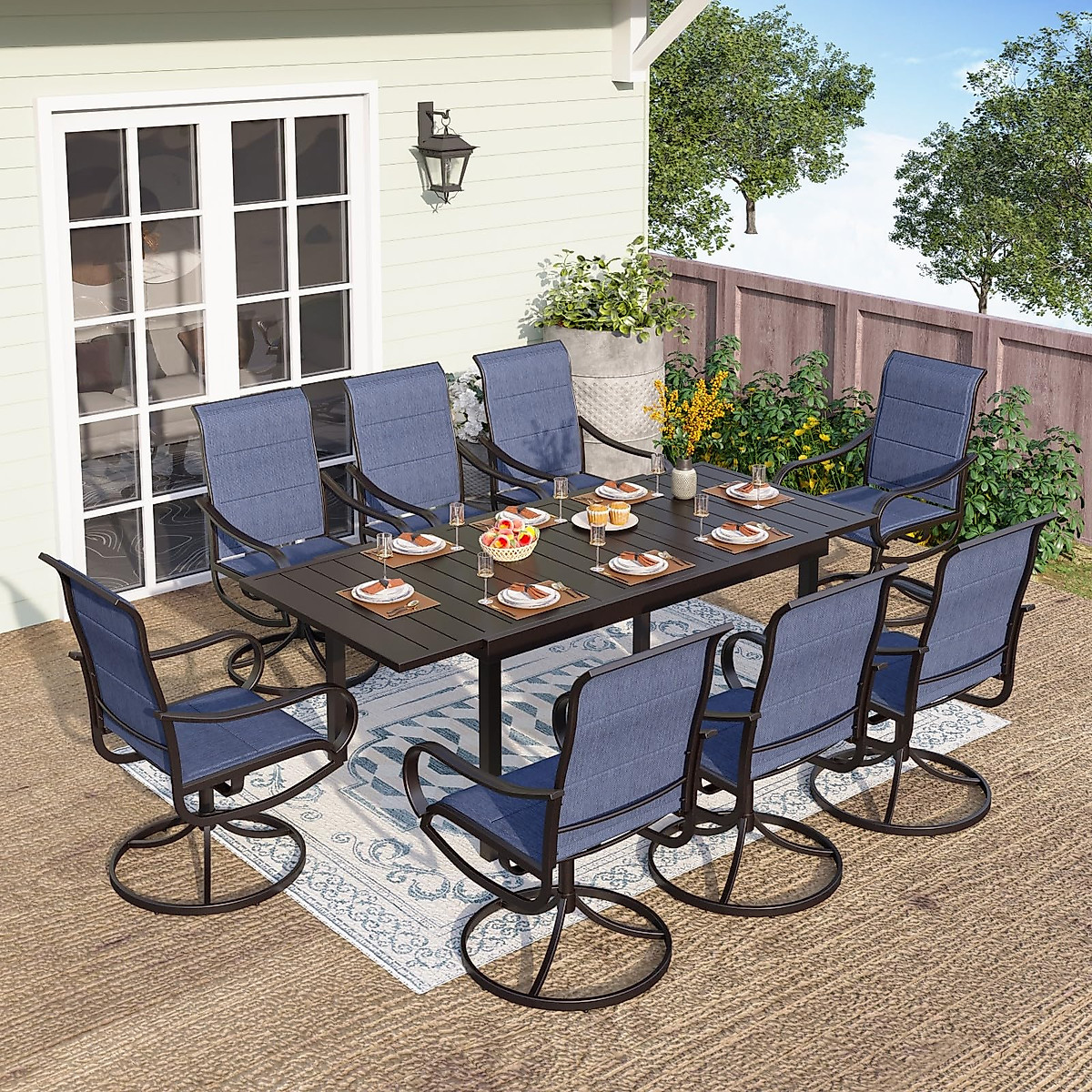 PHI VILLA 9 Piece Outdoor Patio Dining Set, 8 Swivel Outdoor Padded Chairs and 1 Extendable Large Patio Table, Outdoor Furniture Table and Chair Set for 6-8 Person (Blue)
