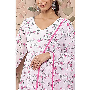 Janasya Indian Women's White Georgette Floral Printed Kurta with Flared Palazzo and Dupatta(J0451-KR-PP-ICH-XXL)