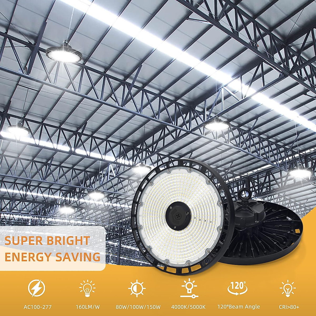 UFO LED High Bay Light, 150W/100W/80W, 5000K/4000K Adjustable, 25000Lumens, 0-10V Dimmable, Super Bright LED Shop Light, AC100-277V, IP65 Commercial Bay Lighting for Garage Warehouse, DLC Qualified