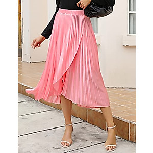 KOJOOIN Women's Barbie Skirts Pleated High Elastic Wasit A-line Asymmetrical Hem Swing Flowy Skirts with Lining Barbir Pink 2XL