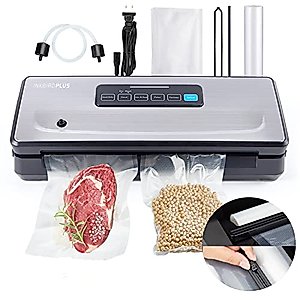Food Sealer Vacuum Sealer Machine 10-In-1 with Full Starter Kit Built-in Cutter and Bag Storage(Up to 20ft), INKBIRD Moist/Dry/Pulse/Canister/Seal Food Vacuum Sealer Machine with Sealer Bag*5 (8"*11.8") and Bag Roll*1 (11"*118"), Sealing Strip & Foam Gask