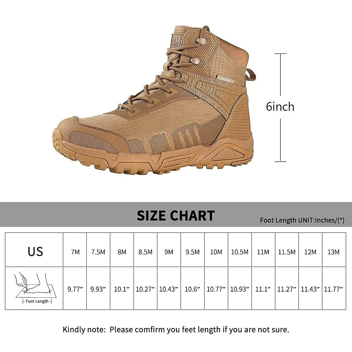 FREE SOLDIER Men's Waterproof Hiking Boots Lightweight Work Boots Military Tactical Boots Durable Combat Boots(Brown, 11 Wide US)