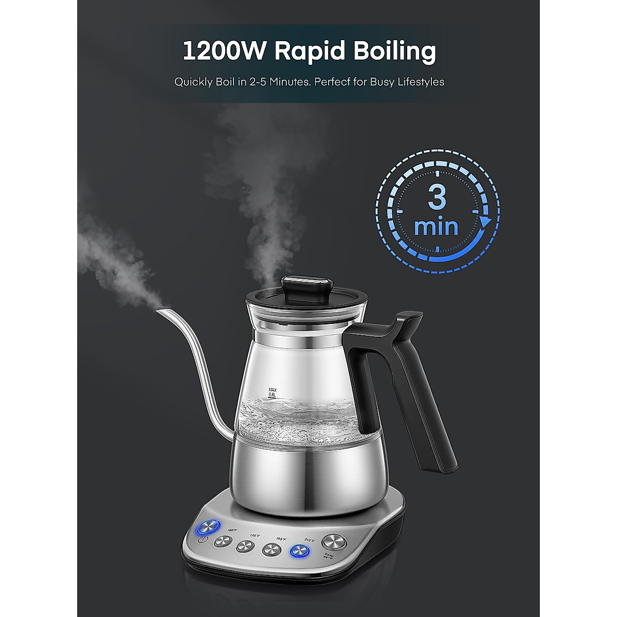 Aiheal Electric Gooseneck Kettle, Glass Electric Tea Kettle with 4 Temperature Control Presets and Keep Warm Function, Pour Over Kettle for Coffee and Tea, Hot Water Boiler, Quick Heating, 1200W/0.8L