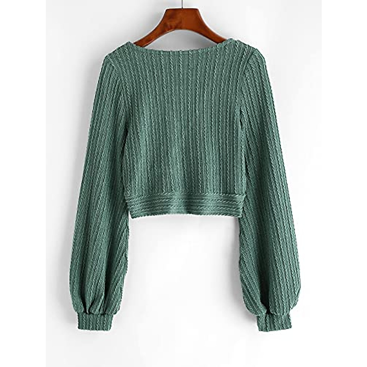 ZAFUL Women's Pullover Ribbed Cropped Knitwear Drawstring Ruched Knitted Crop Top Solid V-Neck Long Sleeve T-Shirt Green