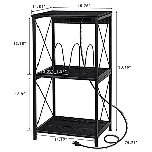 YBING Record Player Stand Record Player Table with Charging Station 3-Tier End Table with Storage Vinyl Record Storage Stand with Divider Nightstand for Living Room Bedroom Office, Black