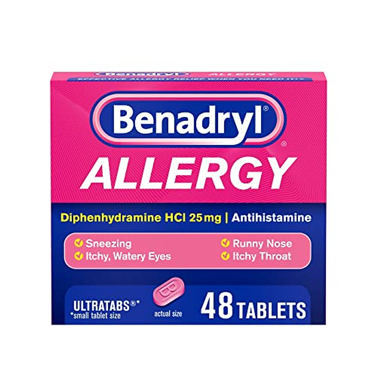 Benadryl Ultratabs Antihistamine Allergy Relief Tablets, Diphenhydramine HCl 25mg, 48 ct