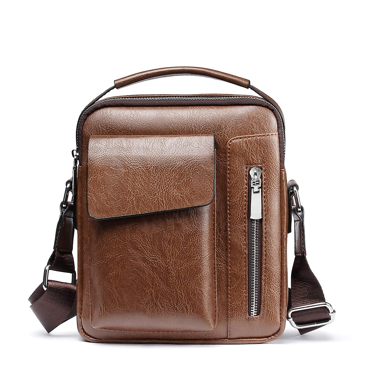 MNODWLOF Small Crossbody Bags for Mens Leather Shoulder Bag Messenger Man Purse Handbags Travel for iPad 7.9" Work Business Brown