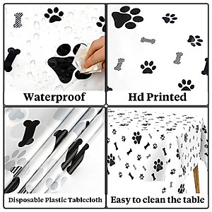 QEYMN Puppy Paw Print Plastic Tablecloth Table Cover, 2 Pack Pupply Paw Print Disposable Rectangle Table Cover for Kids Birthday Party, Puppy Themed Birthday Party Decorations, 54x108 inch