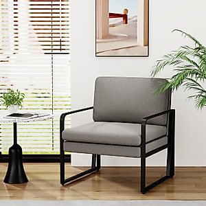 Andeworld Modern Accent Chair, Mid Century Living Room Armchair, Upholstered Linen Sofa Side Chair with Metal Legs for Reading,Lounging,Bedroom Apartment,Grey