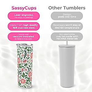 Floral Print Vacuum Insulated Stainless Steel Skinny Tumbler with Straw - Coffee Mug with Lid - Tea Cup for Travel- Nature Themed, Plant Lovers - Travel Mug, Birthday Gift - Floral Mugs for Women