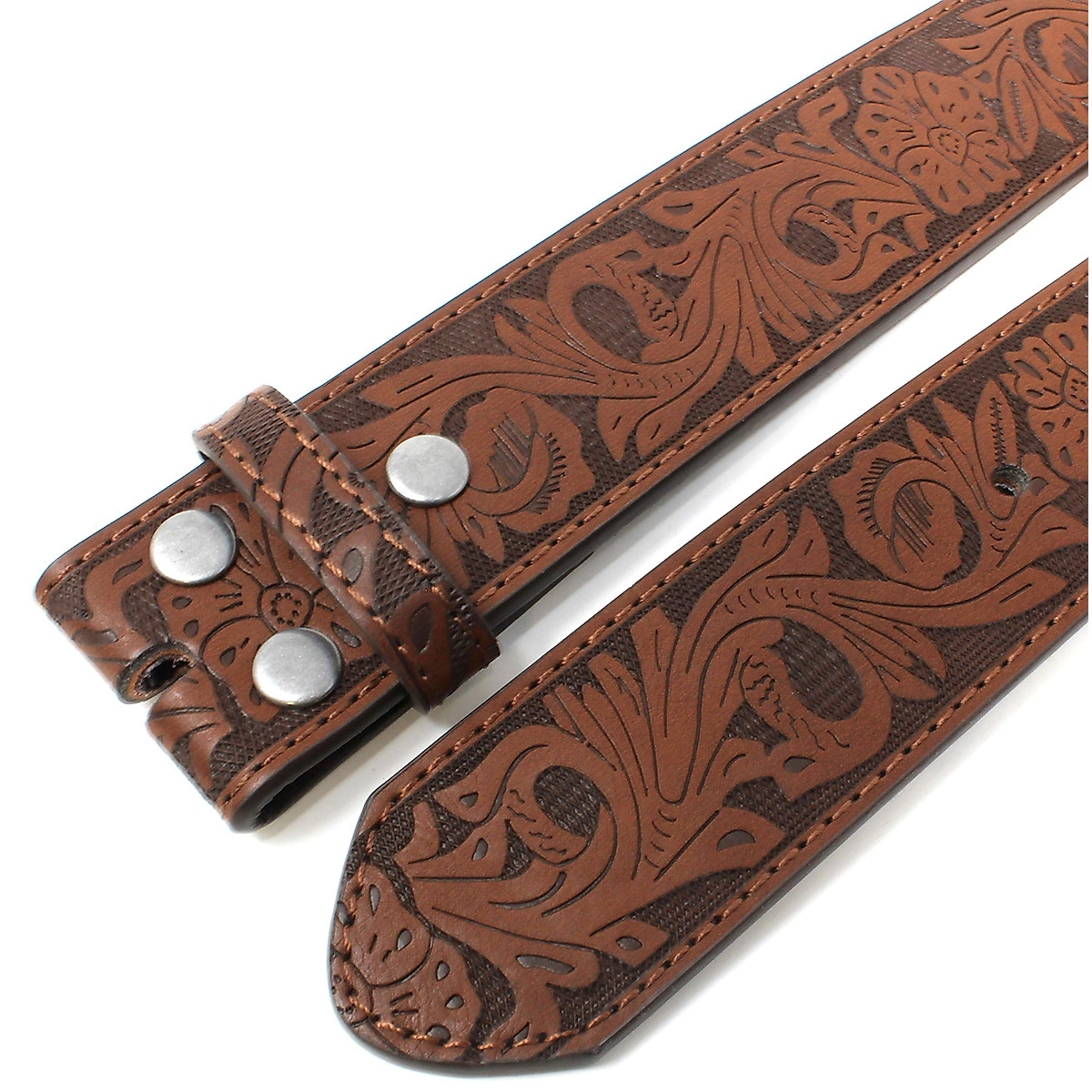 BC Belts Womens Leather Belt Strap with Embossed Western Flowers Pattern 1.5" Wide with Snaps (Brown-S)