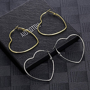 AIDSOTOU 10 Pairs Geometric Big Hoop Earrings 50mm-60mm Large Stainless Steel Square Star Heart Shaped Hoop Earrings for Women (Gold Silver)