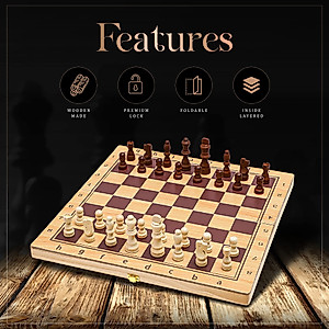 15" Wooden Chess Set with Weighted Chess Pieces, Folding Chess Board Set with Instructions & Storage Slots, Portable Travel Chess Sets for Adults and Kids