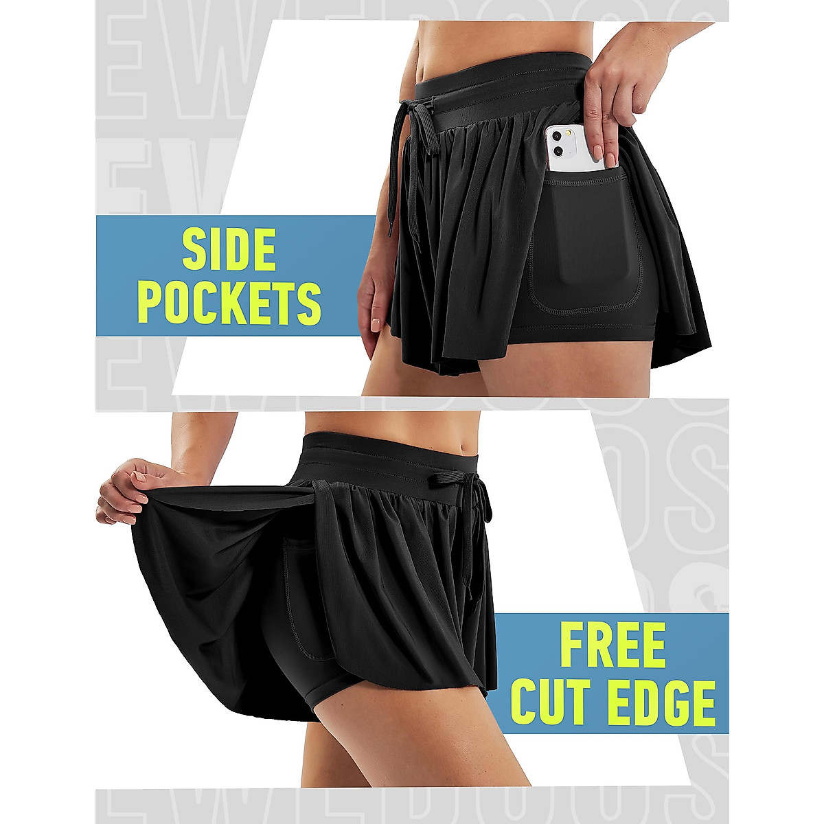 Ewedoos Flowy Shorts for Women 2 in 1 Gym Workout Shorts Women Breezy Soft Butterfly Yoga Athletic Running Shorts for Women Black