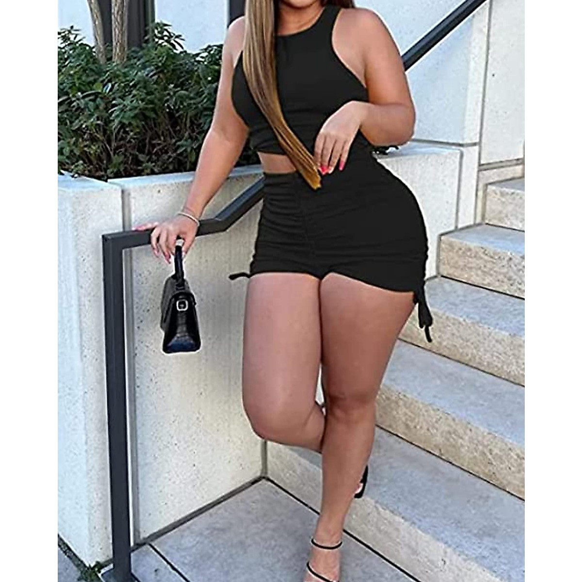 Summer Two Piece Outfits for Women, Casual Stretchy Ribbed Tank Crop Top Drawstring Ruched Shorts Set Workout Tracksuits (Black,M)