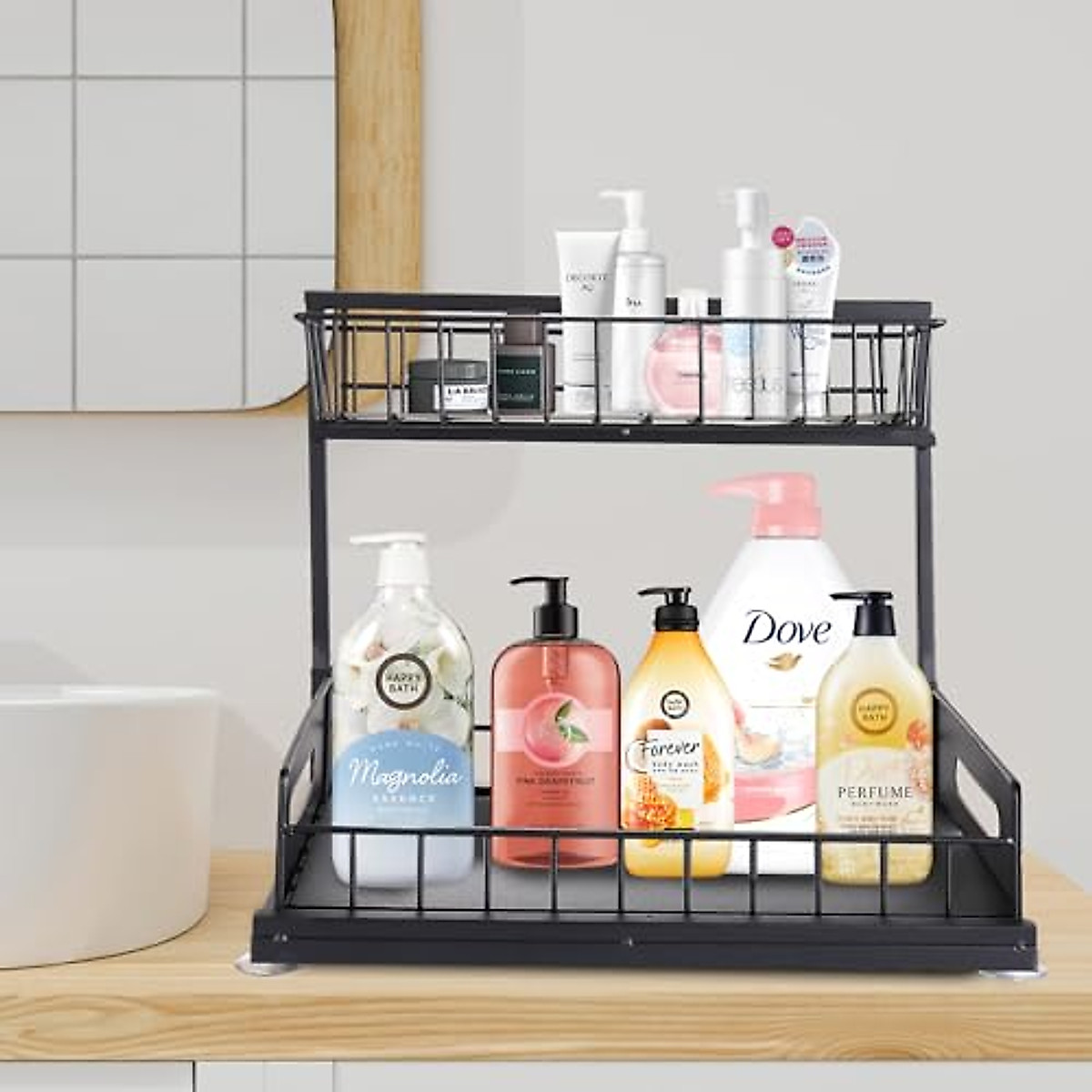 Fengligoo 2 Tier Under Sink Organizer, Black Pull Out Cabinet Organizer, Multipurpose Under Kitchen Bathroom Sink Organizer and Storage, Sliding Cabinet Organzier