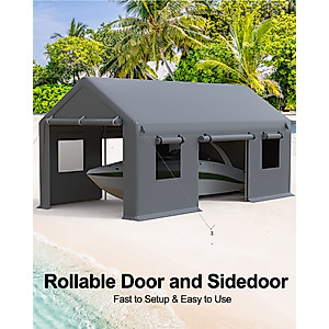 DEXSO Carport 13'x20' Portable Garage, Heavy Duty Carport Canopy, Reinforced Steel Poles, 4 Roll-up Doors & 4 Windows, for Pickup, Boat, and Equipment, Gray
