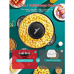 Popcorn Machine, 6 QT Automatic Stirring Popcorn Maker, Electric Hot Oil Popcorn Popper, DIY Flavor，Detachable & Nonstick Plate, Large Lid For Serving Bowl, Free Measuring Cups，Safety ETL Approved (6 QTS)