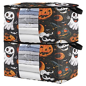 GOODOLD Spooky Happy Halloween Clothes Storage Bags 95L Large Closet Organizer Bags 2-Pack, Zippered, Foldable with Clear Window & Handles - Ideal for Comforters, Blankets