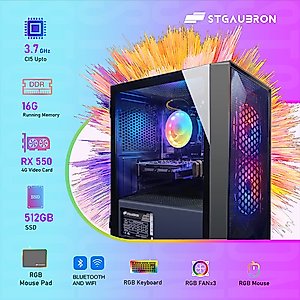 STGAubron Gaming Desktop PC, Intel Core I5 3.3Ghz up to 3.7Ghz, AMD Radeon RX 550 4G GDDR5, 16G Ram, 512G SSD, WiFi, BT 5.0, RGB Fan x 3, RGB Keybaord & Mouse, RGB Mouse Pad, W10H64