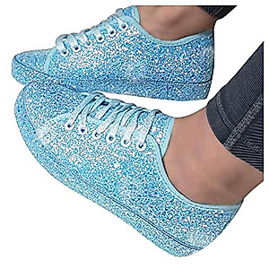 Hbeylia Sequin Sneakers for Women Rhinestones Sparkly Chunky Bottom Lace Up Walking Running Tennis Shoes Breathable Anti Slip Low Top Fall Walking Driving Play Sneakers Athletic Sport Shoes Blue