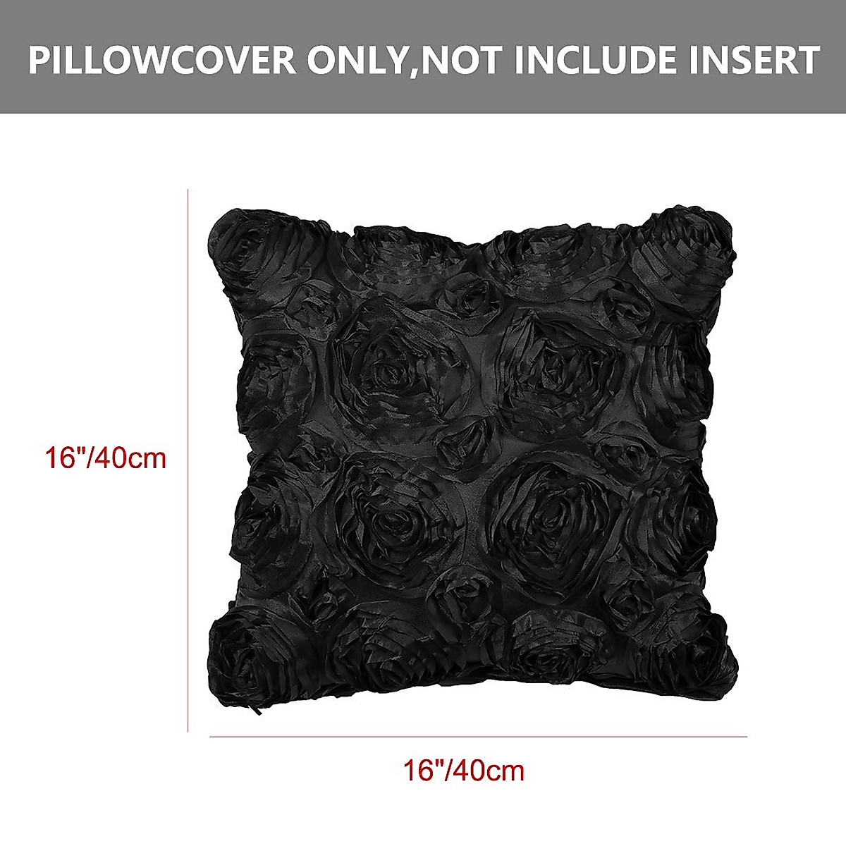 PiccoCasa 3D Flowers Throw Pillow Cover, Romantic Decorative Satin Cushion Cover, Stereo Roses Pillow Cover for Bed Sofa Couch, 16'' x 16'', Black
