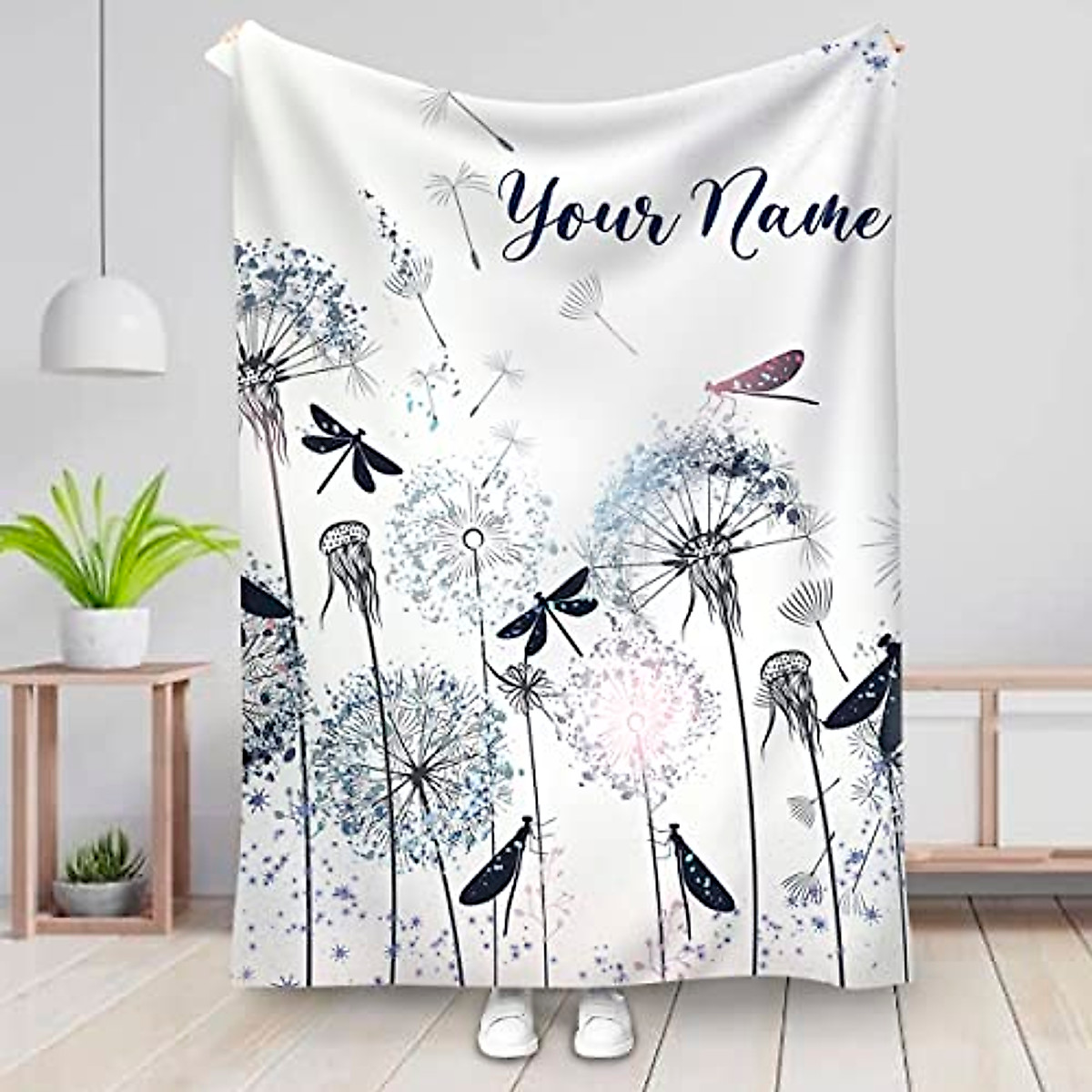 Personalized Dragonfly Blanket - Fleece Sherpa Throw Blanket, Custom Name Soft Cozy Fluffy Flowers Fuzzy Blanket Caring Gift for Women & Adults for Mother's Day, Birthday Christmas