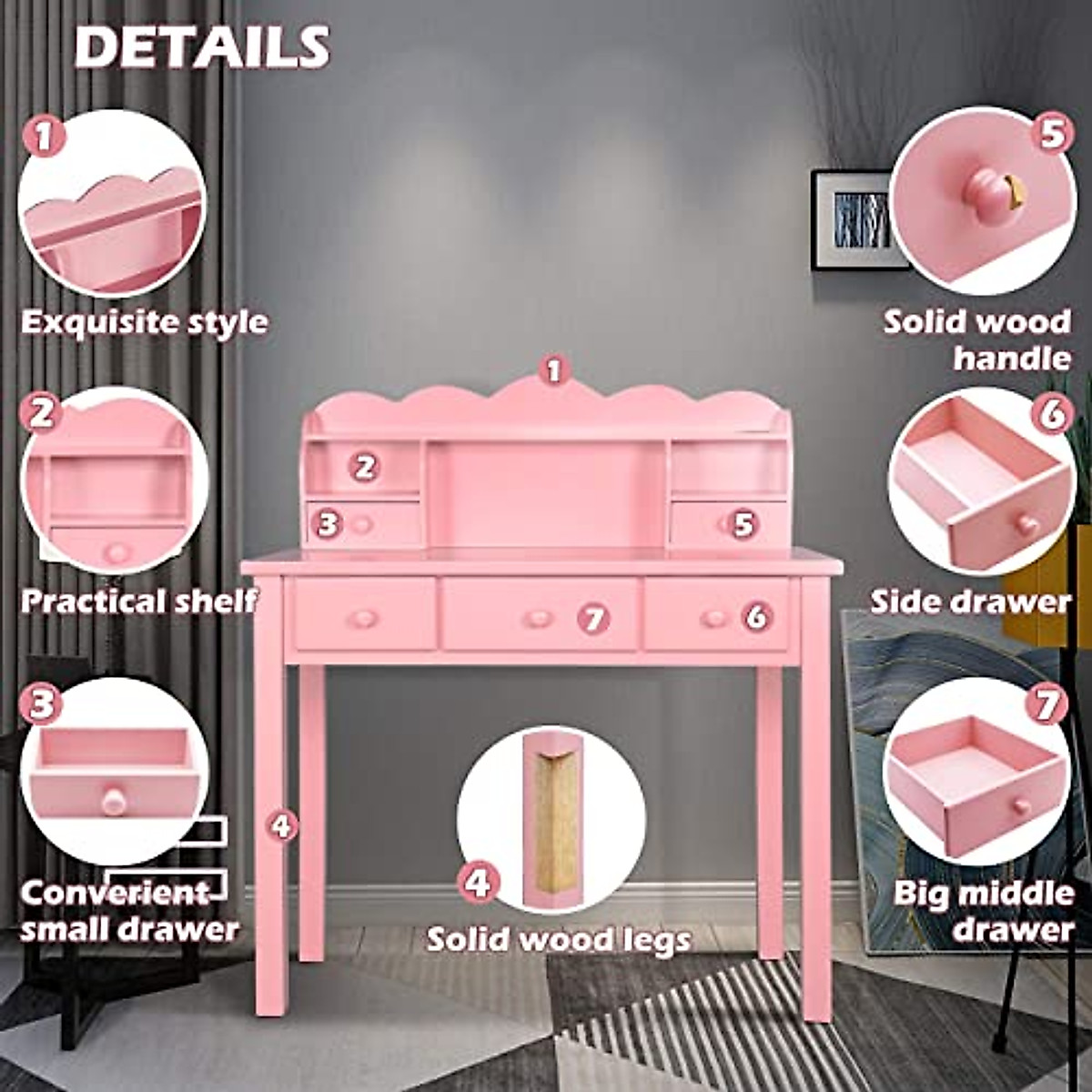 FUNKOCO Home Office Furniture Writing Desk,Computer Work Station with Detachable Hutch,5 Drawers(Pink)