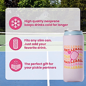 Funny Pickleball Gifts for Women I Pickleball Themed Slim Can Coolers Set (6 Pack) I Girly & Trendy Drink Insulators for Pickleball Party I Perfect Pickleball Accessories for Women