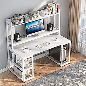 Tribesigns 55 Inches Computer Desk with Hutch and Monitor Stand Riser, Rustic Industrial Desk Computer Table Studying Writing Desk Workstation with Storage Shelves Bookshelf for Home Office (White)