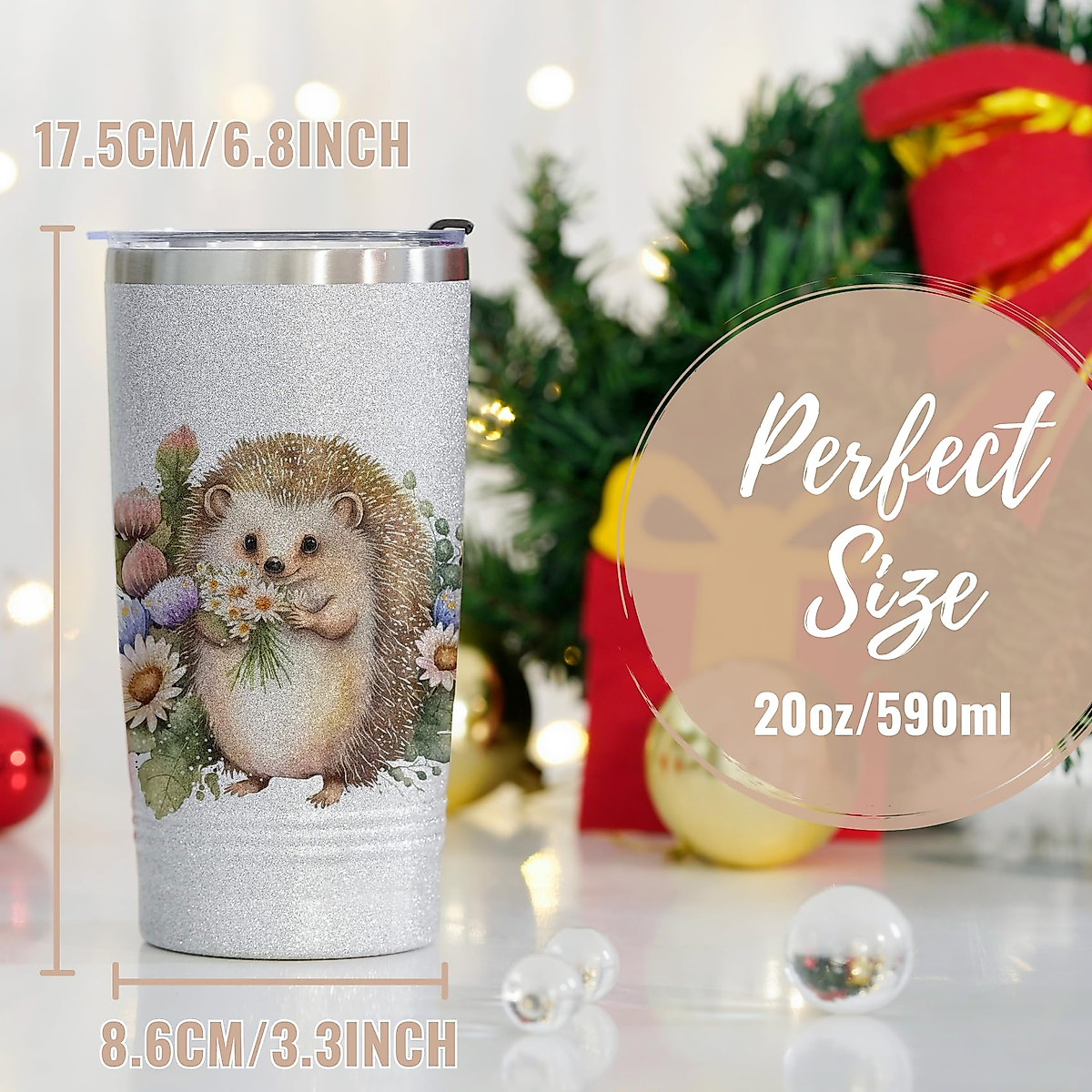Onebttl Hedgehog Gifts for Women/Men, Unique 20oz Hedgehog Glitter Tumbler with Lid and Straw, Hedgehog Lover Gifts for Birthday, Christmas