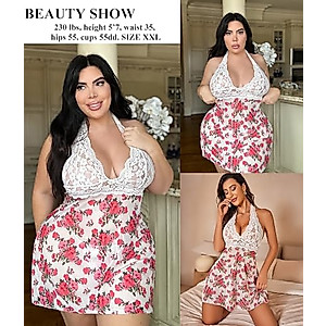 Avidlove Babydoll for Women Halter Lace Teddy Mesh Sexy Lingerie Set Nightwear Pink Floral