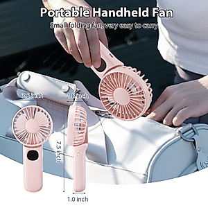 Leimaq Mini Fan Handheld, Handheld/Neck/Desk 3 in 1 Rechargeable Small Portable Fan for Travel, 2400mAh Battery Operated Fan with LED Display, 180° Foldable Fan with 5 Speed Wind (Pink)