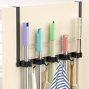 Broom Holder Over The Door Drilling Free Mop and Broom Holder with 4 Over Door Hook, Metal Mop and Broom Holder Wall Mount Broom Storage Tool Organizer for Laundry Room Garage Kitchen Bathroom