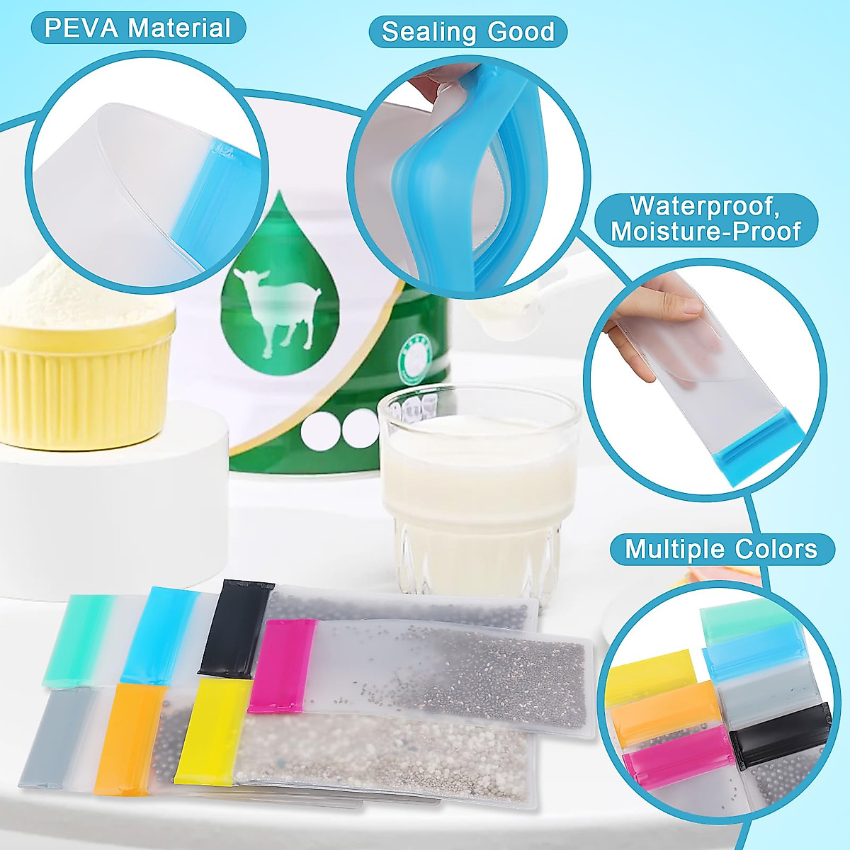 24pcs Protein Powder Travel Container Set, Reusable Powder Supplement Container To Go-14 Single Dose Bags, 2pc Large Travel Containers Zip Up Bags, 5pcs Label Stickers, 2pcs Funnels and Drying Rack