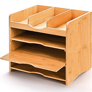 DEAYOU Bamboo Desk File Organizer, 13" Document Letter Tray Sorter with 2 Adjustable Shelves, 4 Tier Mail Organizer Countertop, Paper Storage Holder Box Cubby for Magazine, Office, Home, School