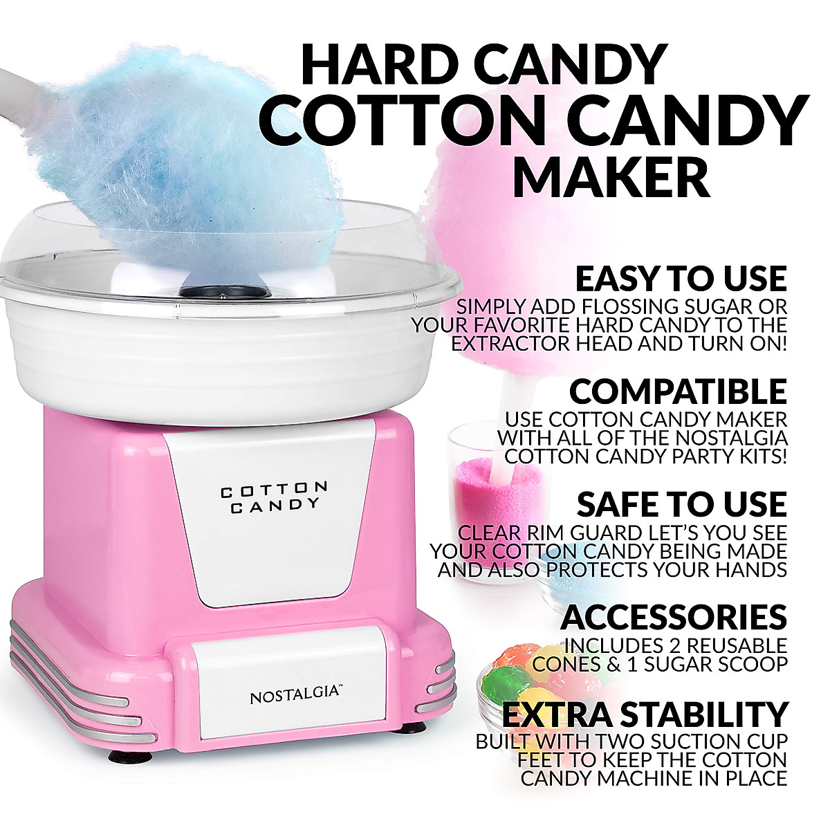 Nostalgia Cotton Candy Machine - Retro Cotton Candy Machine for Kids with 2 Reusable Cones, 1 Sugar Scoop, and 1 Extractor Head – Pink