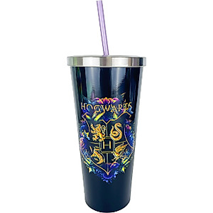 Spoontiques Harry Potter Stainless Steel Cup with Straw - Stainless Steel Drinkware Tumbler - 24 Oz - Hogwarts Crest
