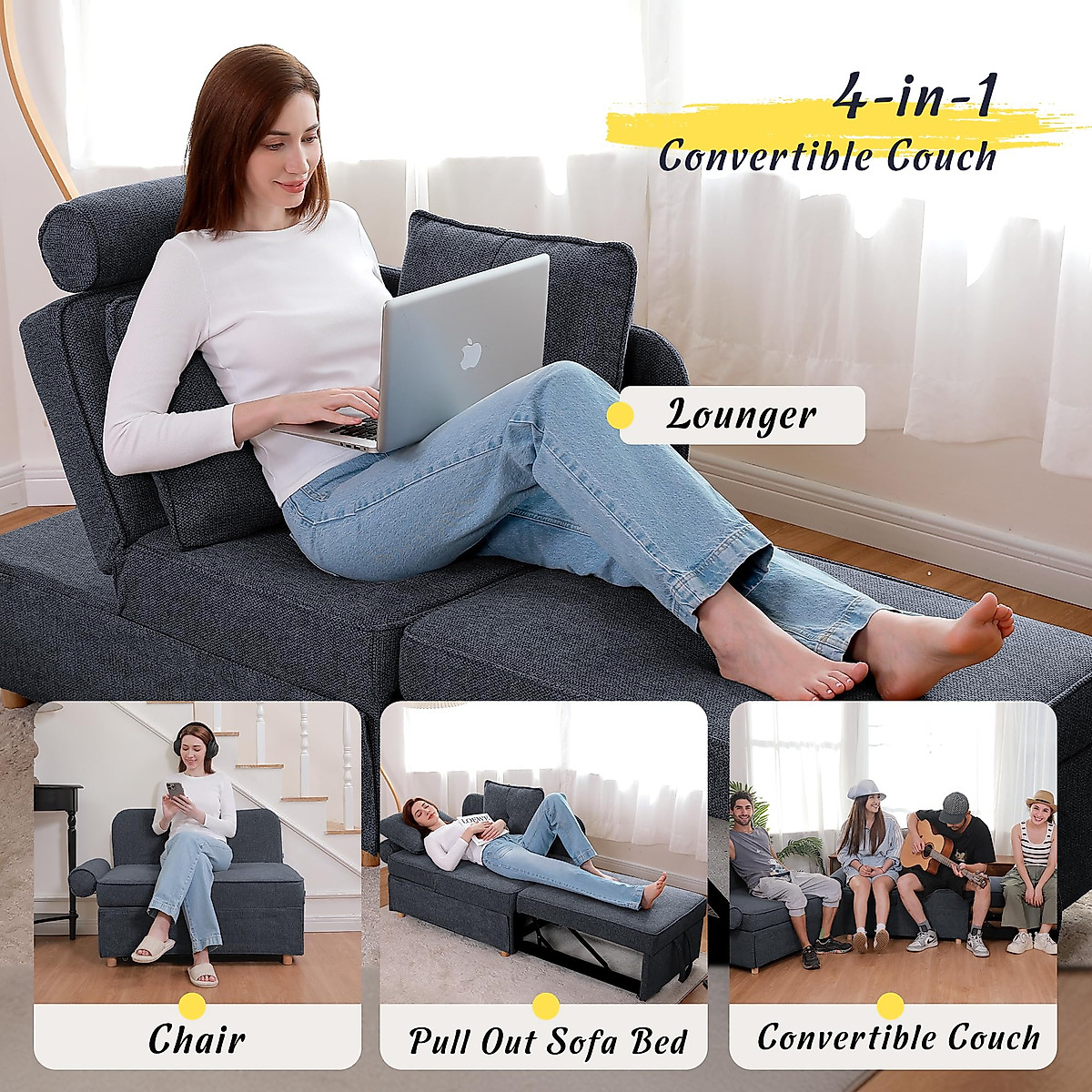 OHOHOLIVE Sleeper Sofa Bed 4-in-1 Convertible Couch, Linen Fabric Love seat Couch with 2 Throw Pillow, Single Recliner for Small Space with 5 Adjustable Angles Backrest