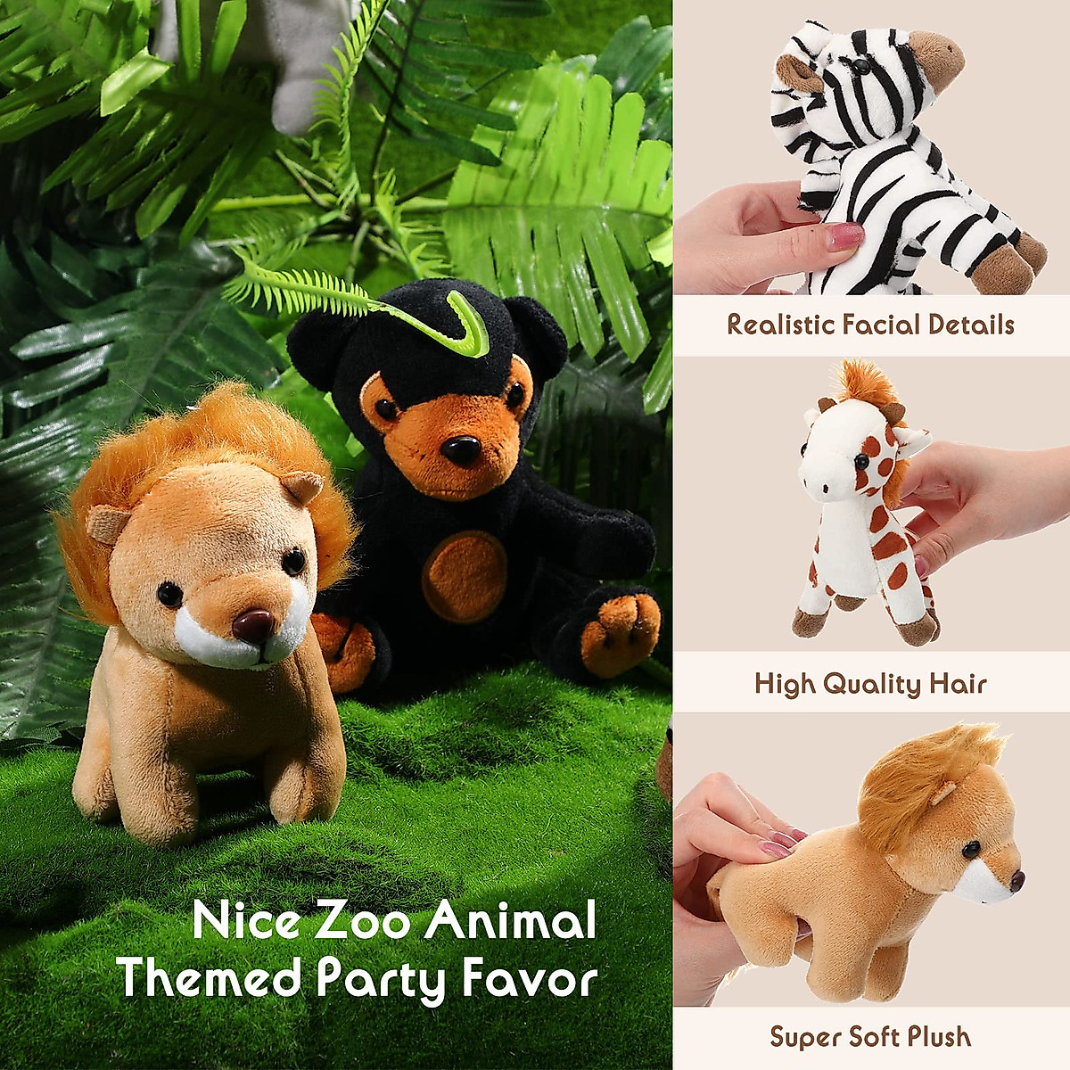 7 Pieces Plush Safari Animals 4.72 Inches Jungle Stuffed Animal Set Includes Plush Giraffe Tiger Lion Bear Elephant Zebra for Zoo Animal Themed Parties Teacher Student Achievement Award