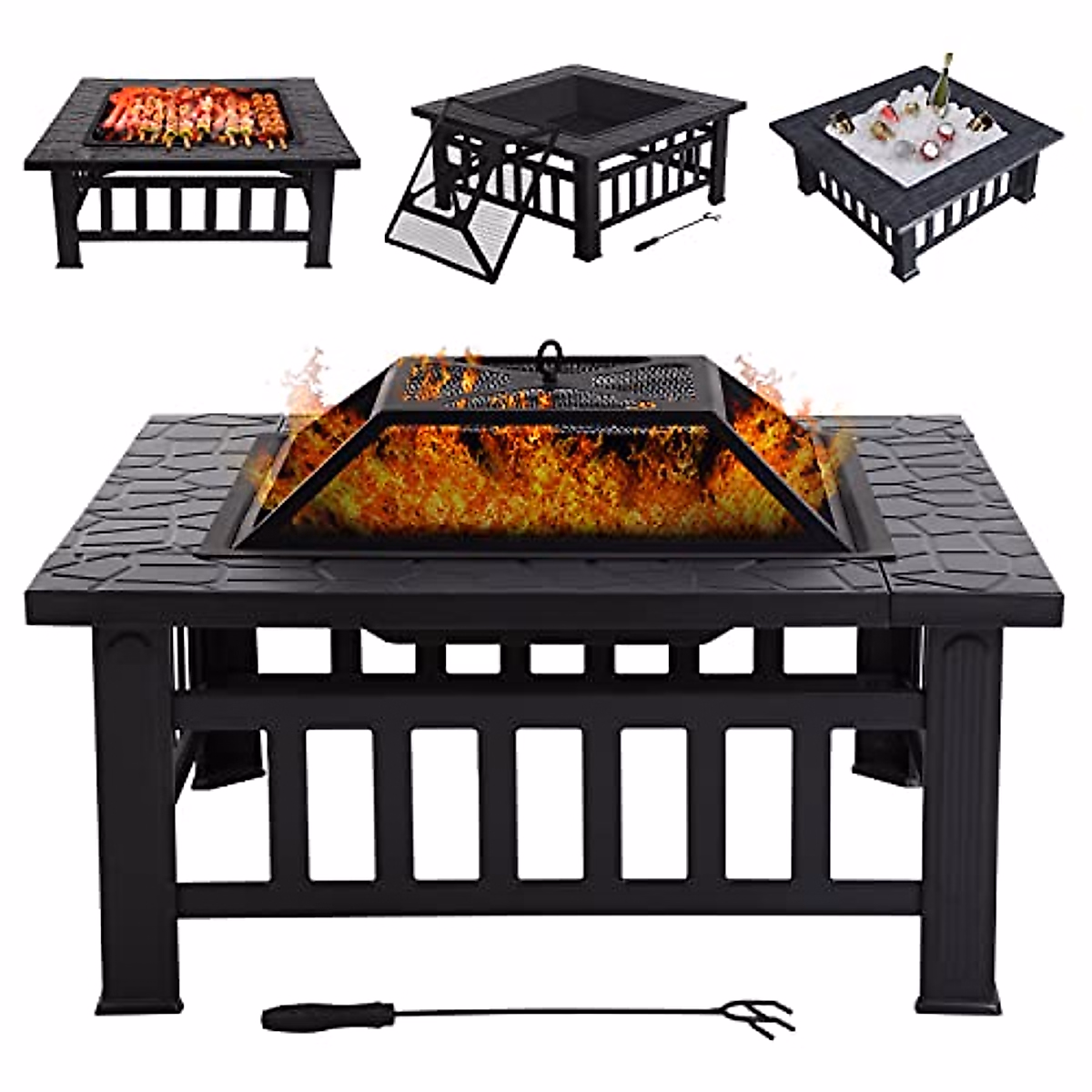 Fire Pit Table, Outdoor Fireplace Firepit Camping Accessories 32 in Square Smokeless Fire Pit with Spark Screen, Log Poker for Outside Garden Patio Backyard