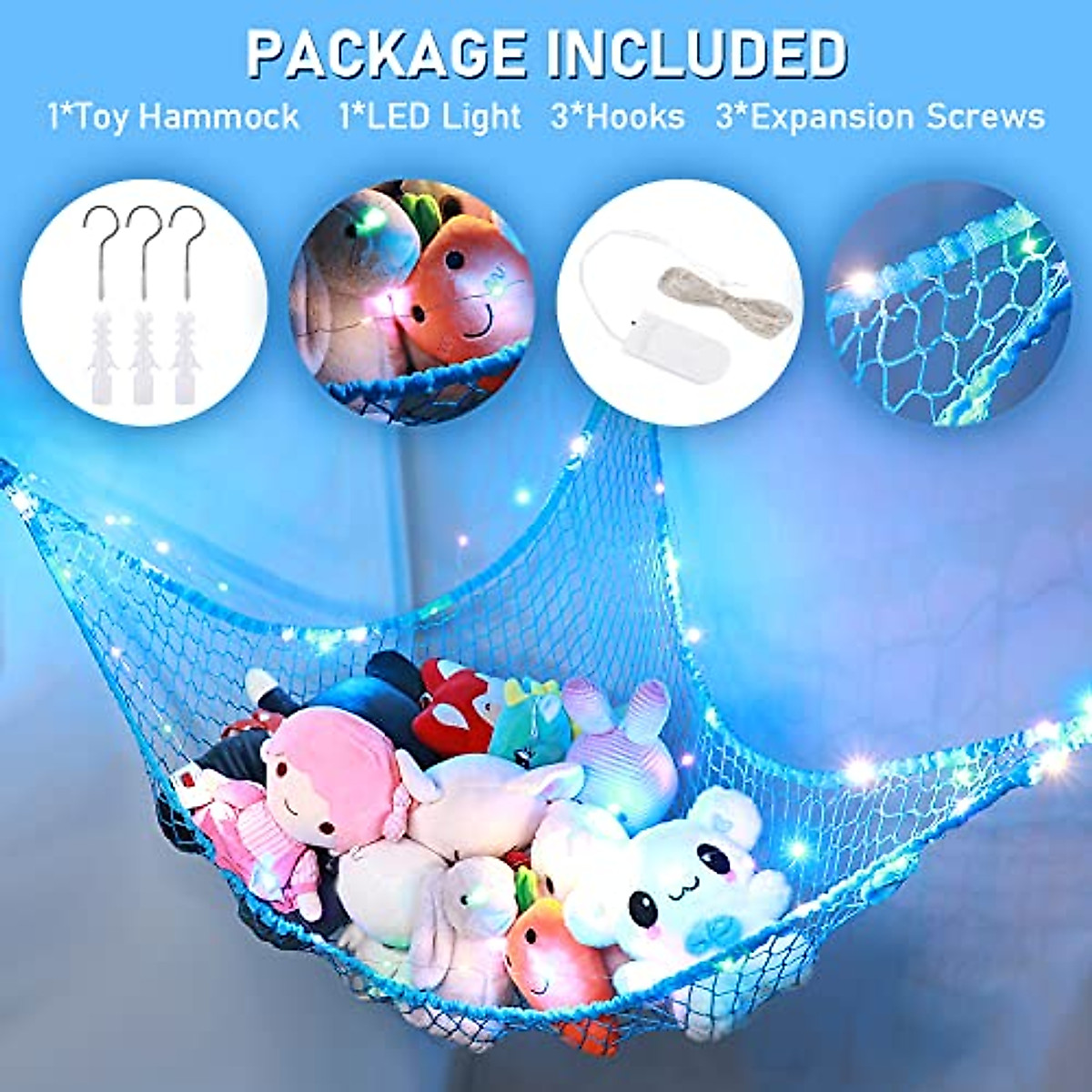 Corner Stuffed Toy Hammock with LED Light, Corner Plush Toy Net Holder, Stuffed Animals Hanging Storage Net, Hanging Toy Net Hammock for Nursery Play Room Bedroom(Blue)