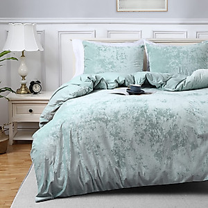 CAROMIO Velvet Duvet Cover Sets - 3 Pieces Lavish Design Comforter Cover King Size, Soft and Warm Bedding Cover Set for All Seasons, Aqua Green, 104x90 Inches