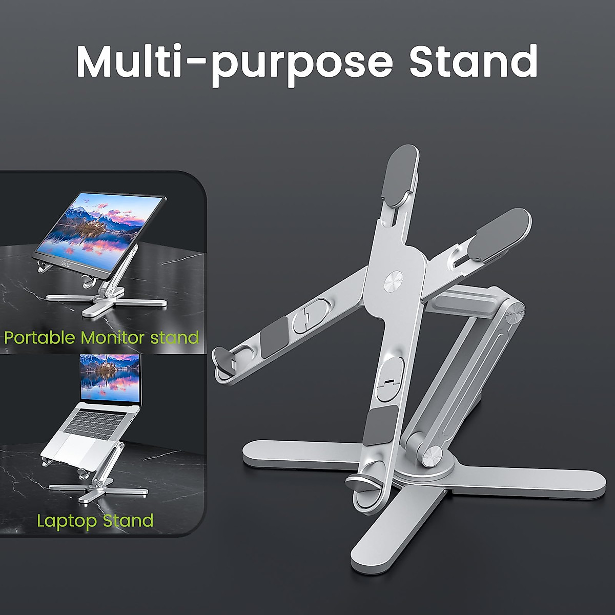 Lepow Portable Monitor Stand for Desk, Adjustable Laptop Riser ABS+Silicone Foldable Portable Monitor Holder, Space-Saving and Stable Notebook Stand for Below 15.6” Portable Monitor, Laptops,Tablet