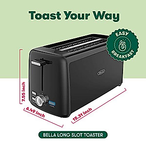 BELLA 4 Slice Toaster, Long Slot & Removable Crumb Tray - 7 Shading Options with Auto Shut Off, Cancel & Reheat Button - Toast Bread & Bagel, Black