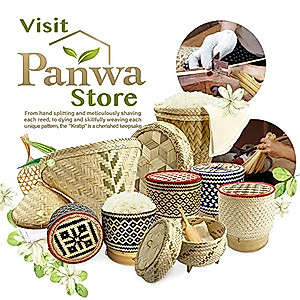PANWA Thai Bamboo Satin Weave Sticky Rice Cooking Basket with 24’’ Round Reusable Cheesecloth and Wicker Lid and 2 Sticky Rice Paddle Wooden Spoons