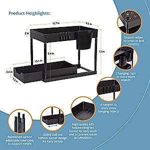 evismo 2-Tier Under Sink Organizer, Bathroom & Kitchen Multipurpose Cabinet Storage, with Pull-out Sliding Drawer, Hooks & Hanging Cups, Adjustable Height, Cabinet Organizer, Black