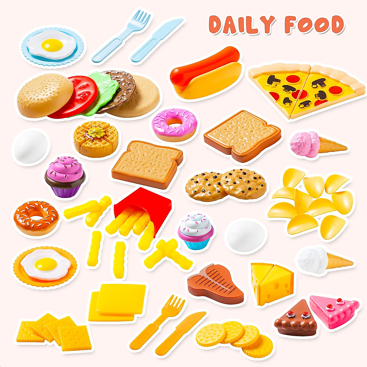 JOYIN 135Pcs Kids Play Food Set, Value Pretend Food for Play Kitchen with Fruit, Vegetable, Food Can, Dessert, Tableware, Bottles, Dramatic Plastic Food Toys for Toddler Boys Girls 3+ Years